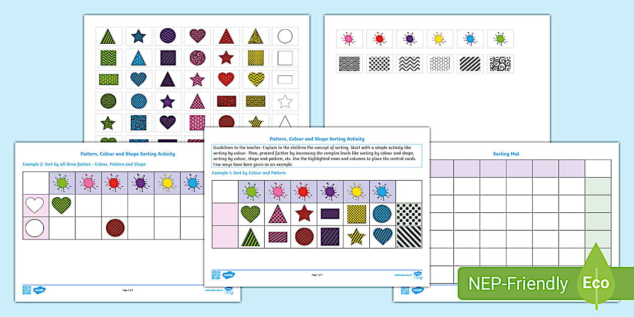 Sort by Pattern, Colour and Shape Activity Worksheet