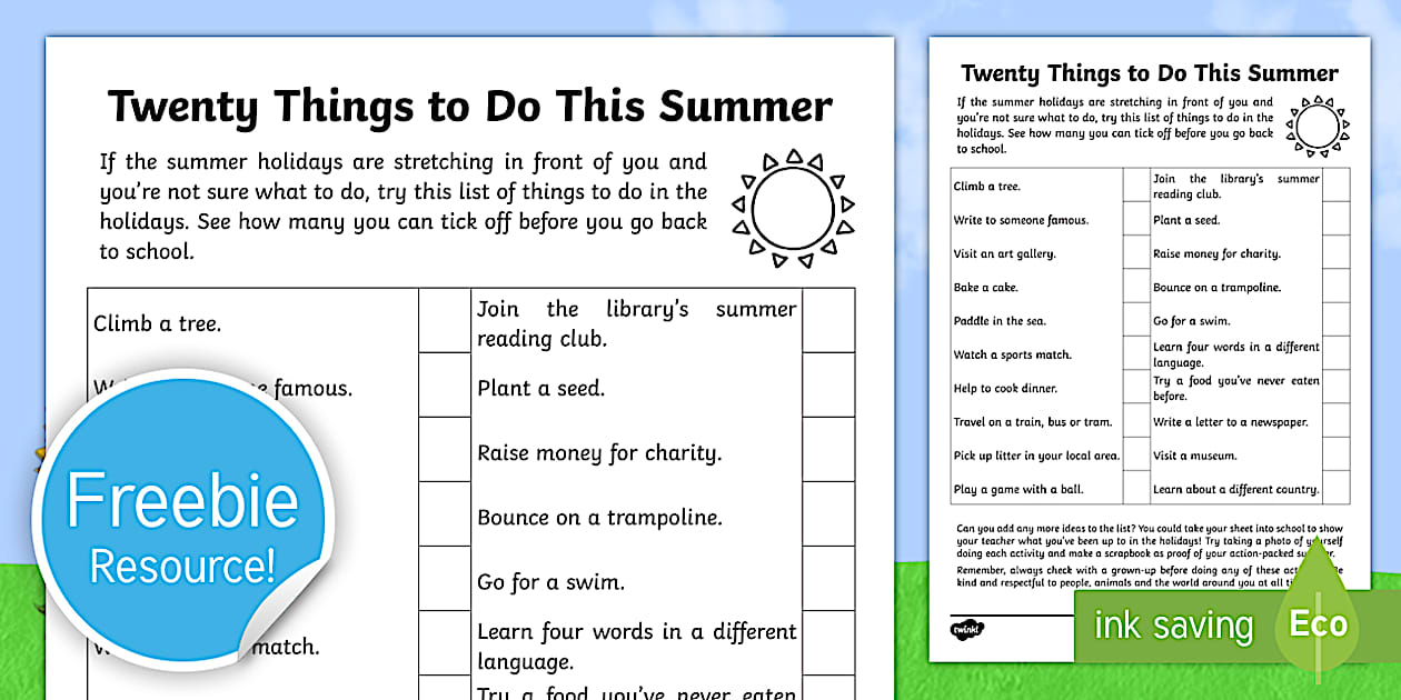 20 Things in Summer Activities Worksheet - Parents - F-2