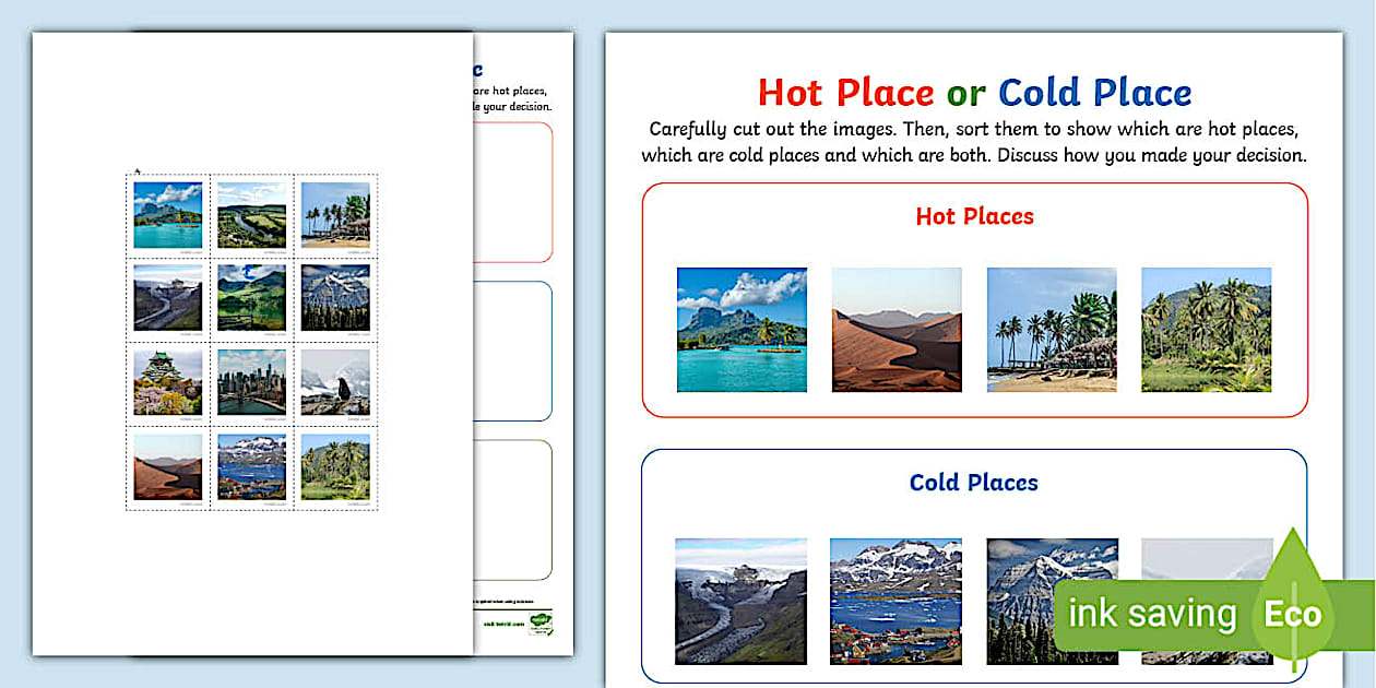 Hot or Cold Places Sorting Worksheet (teacher made) - Twinkl