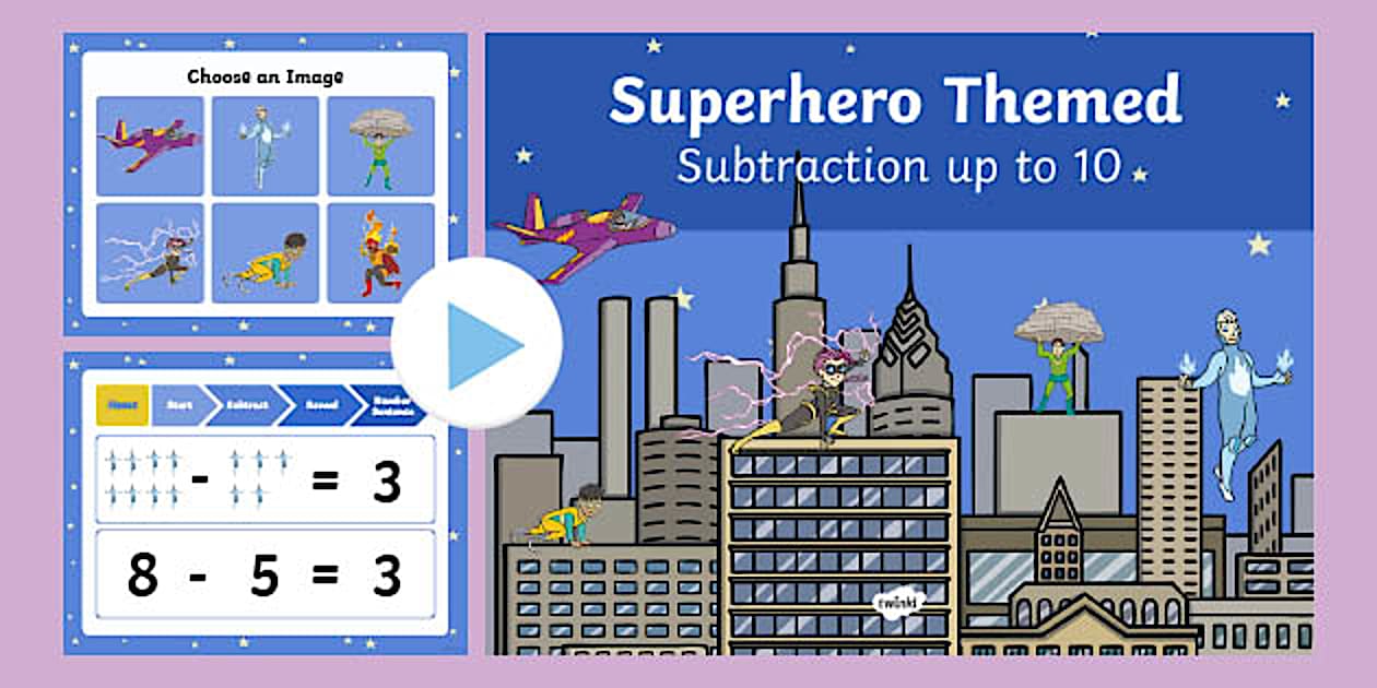 Superhero Themed Subtraction to 10 PowerPoint - - Twinkl