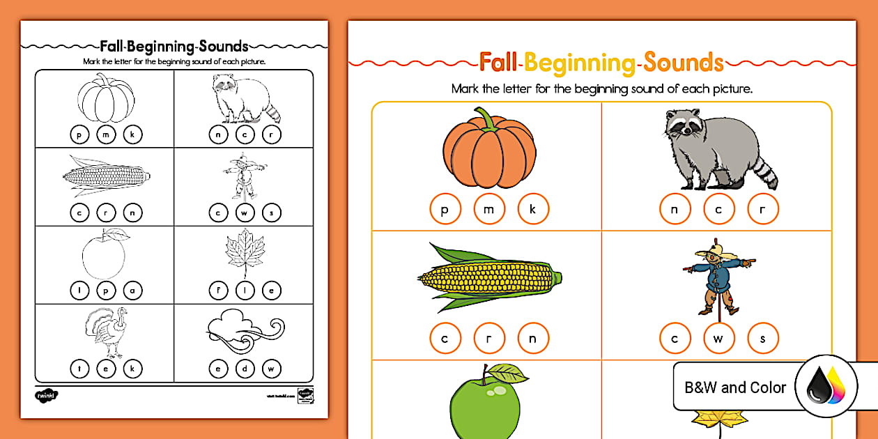Fall Beginning Sounds Worksheet for PreK-K (teacher made)