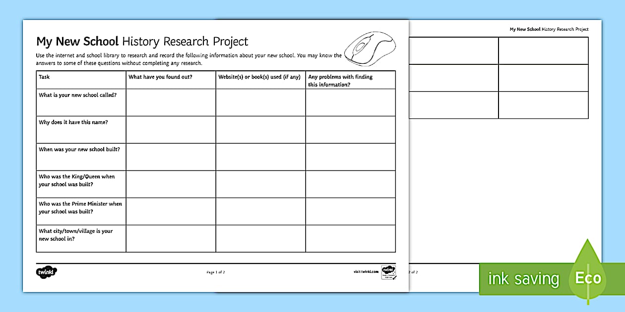My New School History Research Project Worksheet / Worksheet