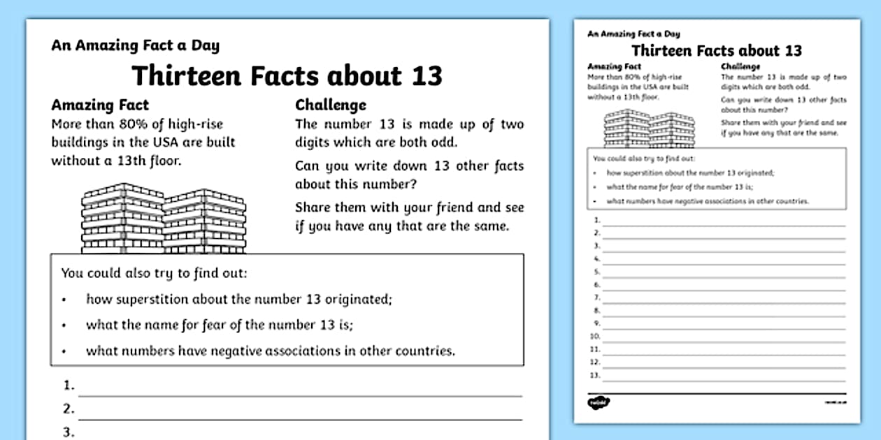 Editable Thirteen Facts About 13 Worksheet - Twinkl