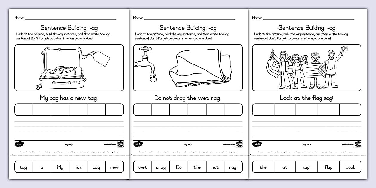 Grade 1 English - Phonics - Worksheet: Sentence Building: -ag