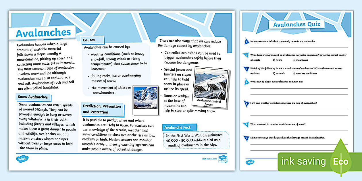 Avalanche Fact File and Quiz - Weather - KS2 (teacher made)