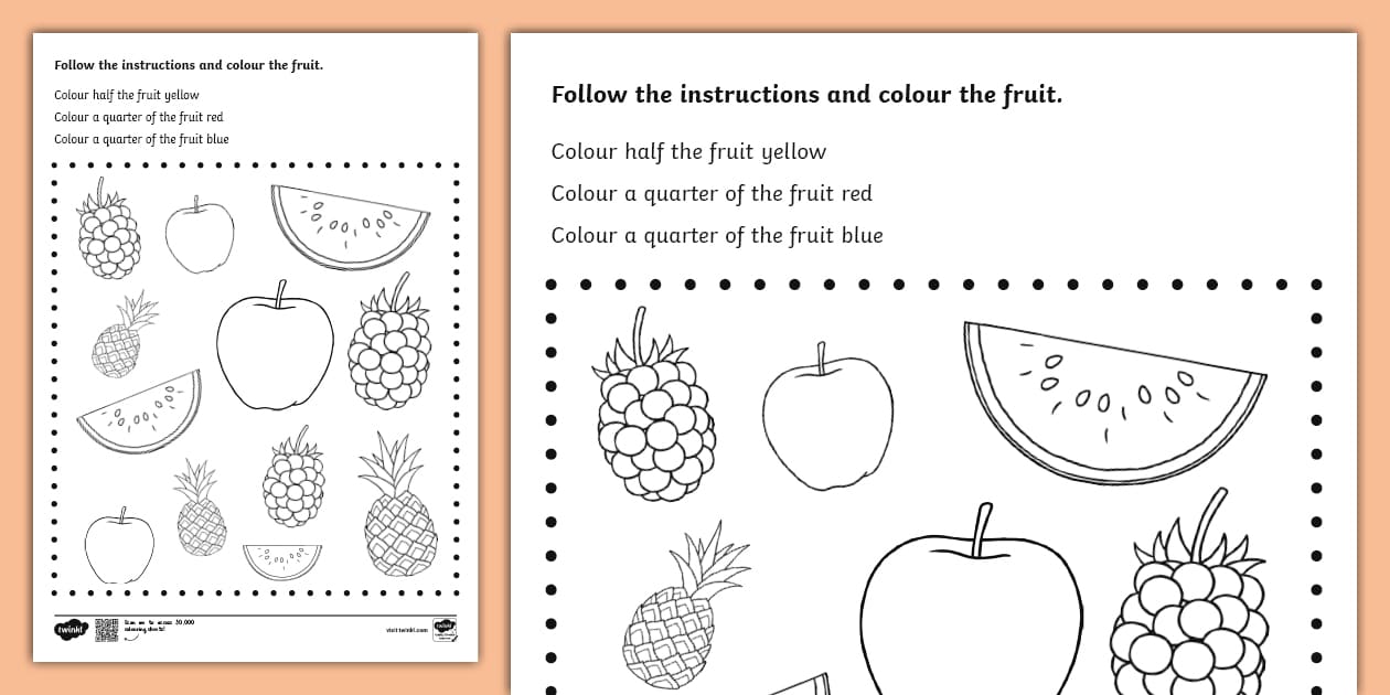Fractions Halves and Quarters Fruit Coloring Sheet - Twinkl