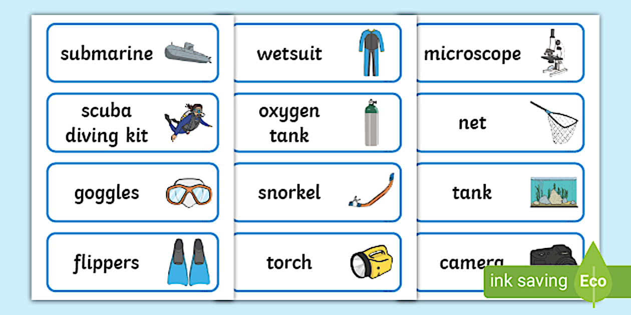 Cursive Deep Sea Explorer Equipment Labels (Under the Sea)