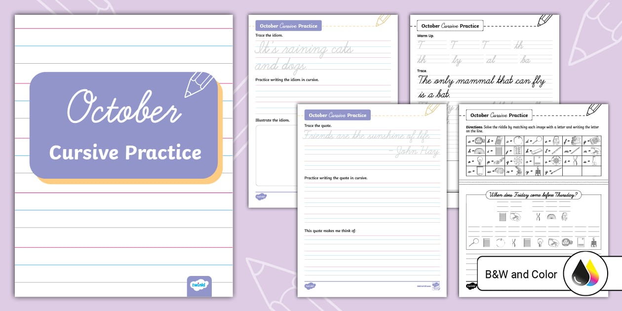 Third Grade October Cursive Practice Bundle (teacher made)