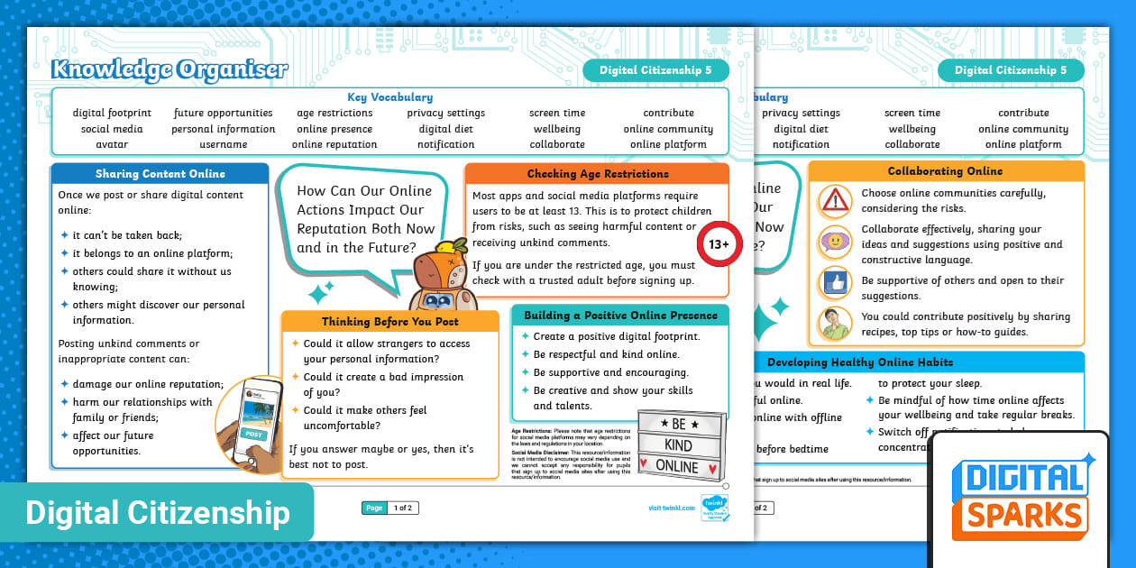 Digital Citizenship 5 Knowledge Organiser Pack - Twinkl