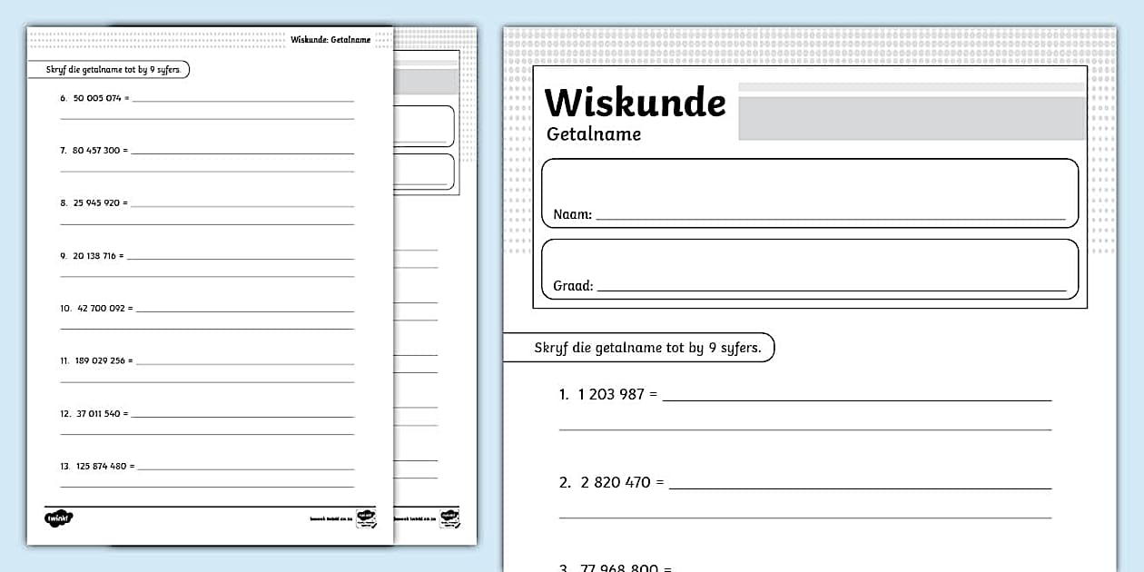 Graad 7: Skryf die Name van Getalle tot by 9 Syfers- Aktiwiteitsblad