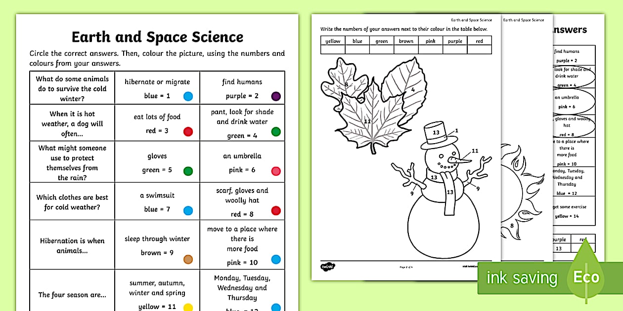 TAS Foundation Year Earth and Space Questions and Colouring Worksheets