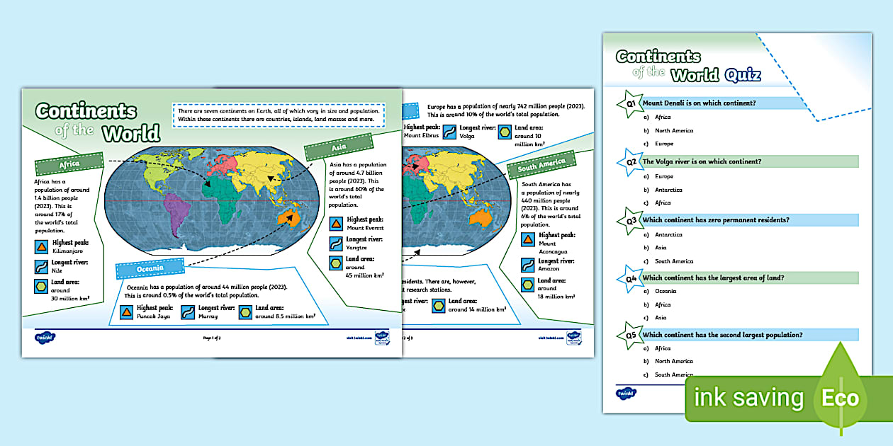 Continents of the World Fact File and Quiz (teacher made)