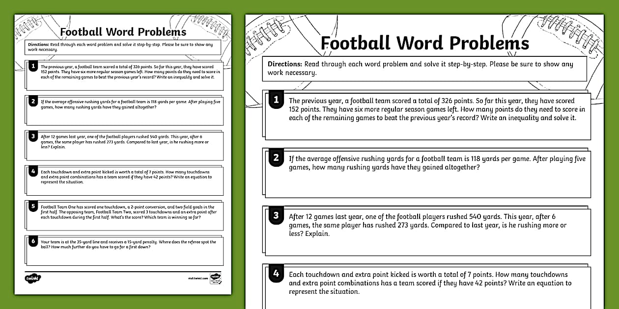 Seventh Grade Football Themed Word Problems (teacher made)