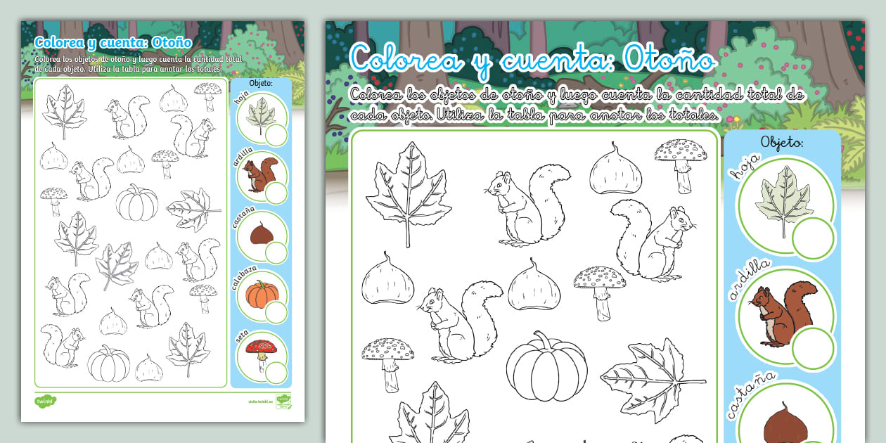 Ficha de actividad: Colorea y cuenta - Otoño - Twinkl