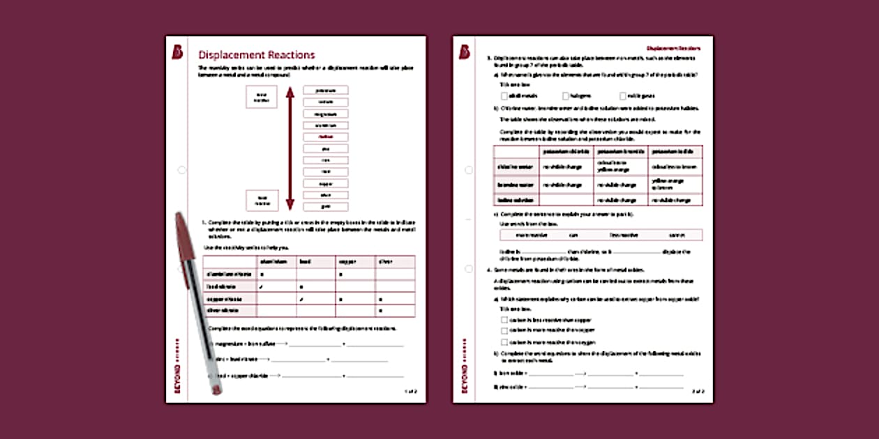 KS3 Displacement Reactions Worksheet | Beyond - Twinkl