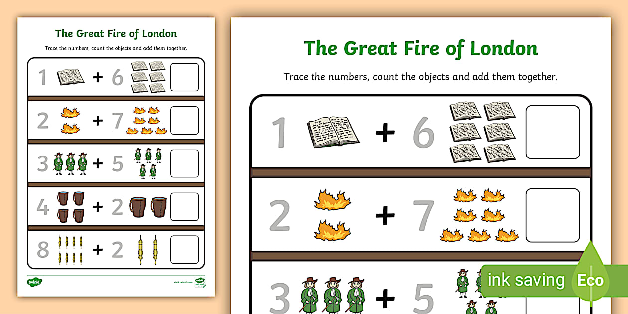 Editable The Great Fire of London 0 to 10 Trace, Count and Add Worksheet