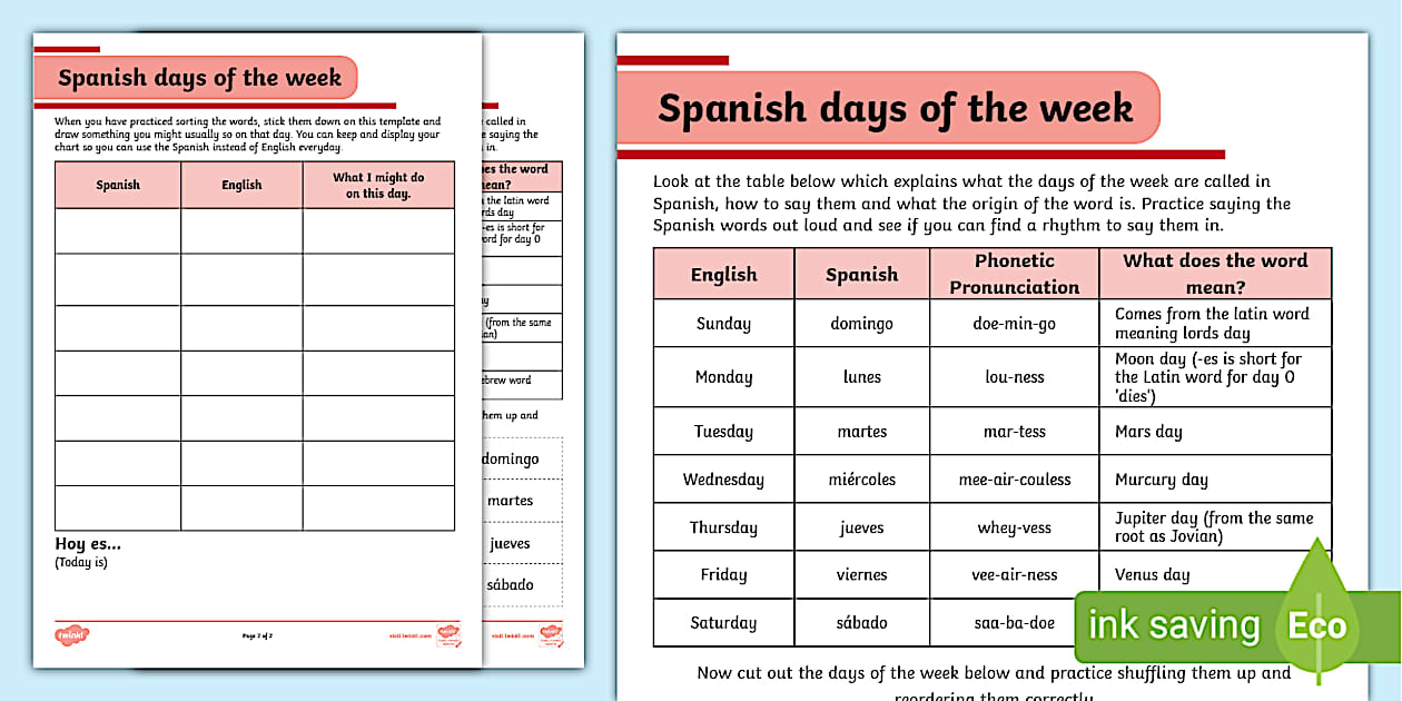 Days of the Week in Spanish Printable Worksheets | Twinkl