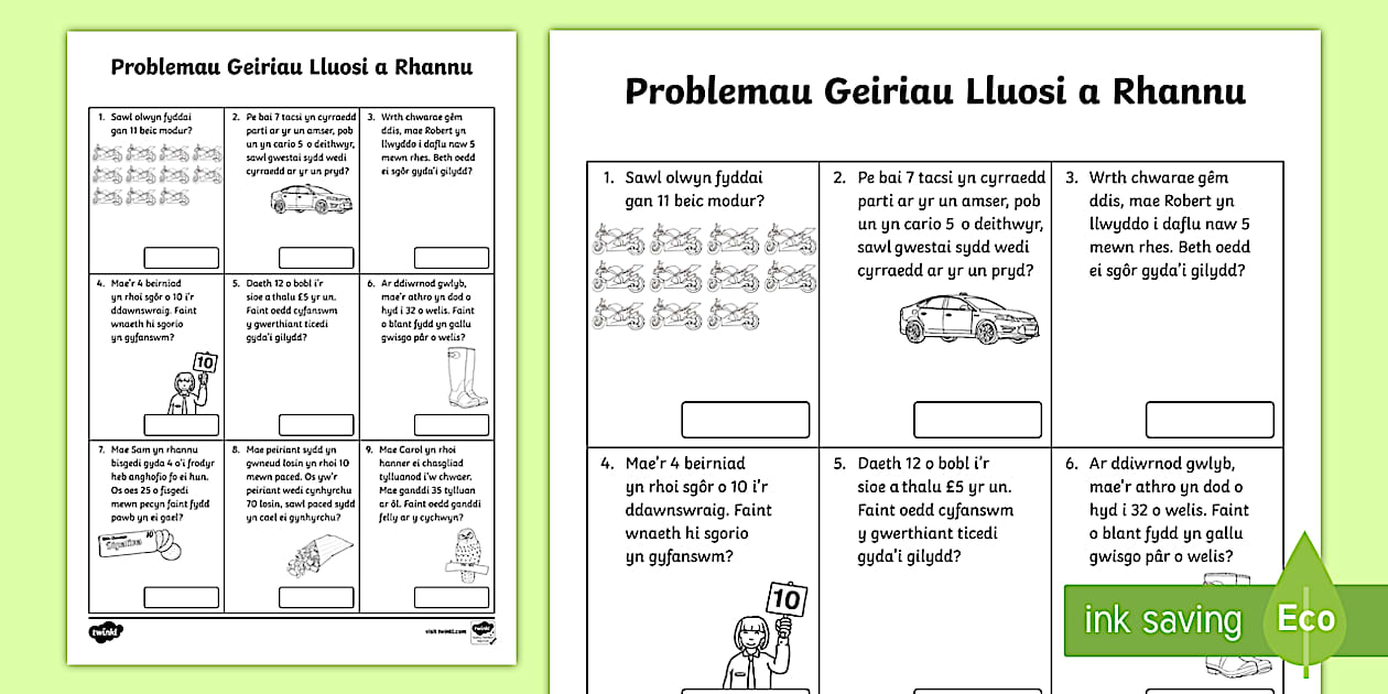 Problemau Geiriau Lluosi a Rhannu x2, x5,x10 Taflen Weithgaredd