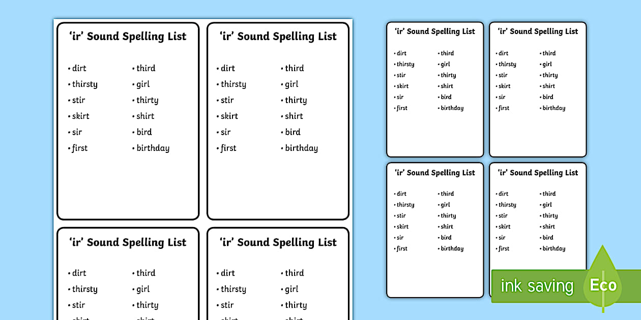 Editable 'ir' Sound Spelling List Cards (teacher made)