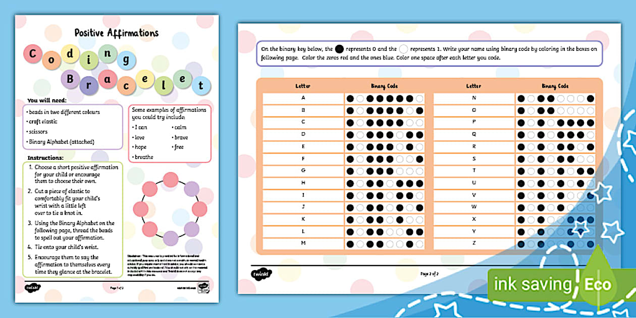 Positive Affirmations Coding Bracelet (teacher made)