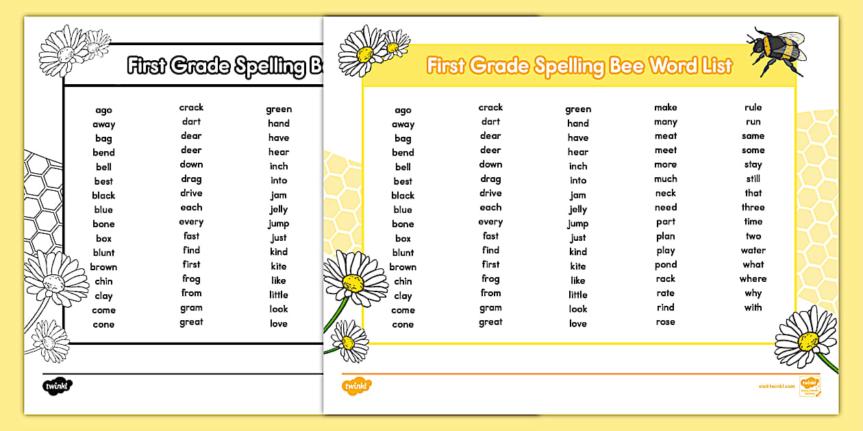 1st Grade Spelling Bee Words List | Elementary ELA Resources