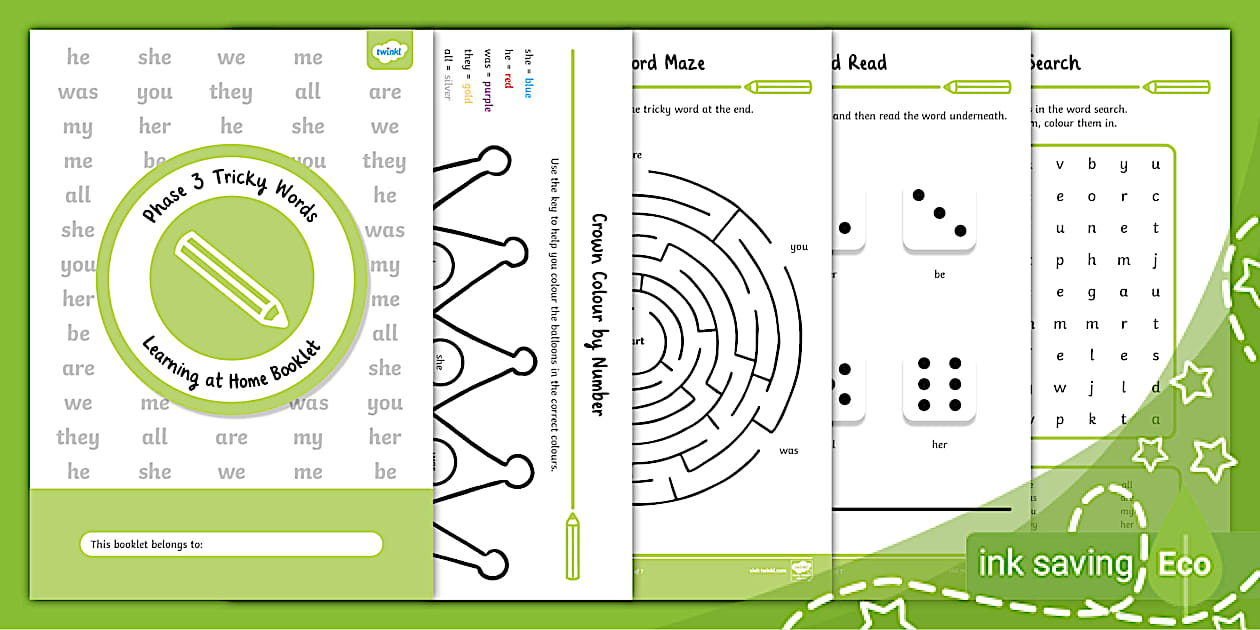 Learning at Home: Phase 3 Tricky Words Booklet - Twinkl