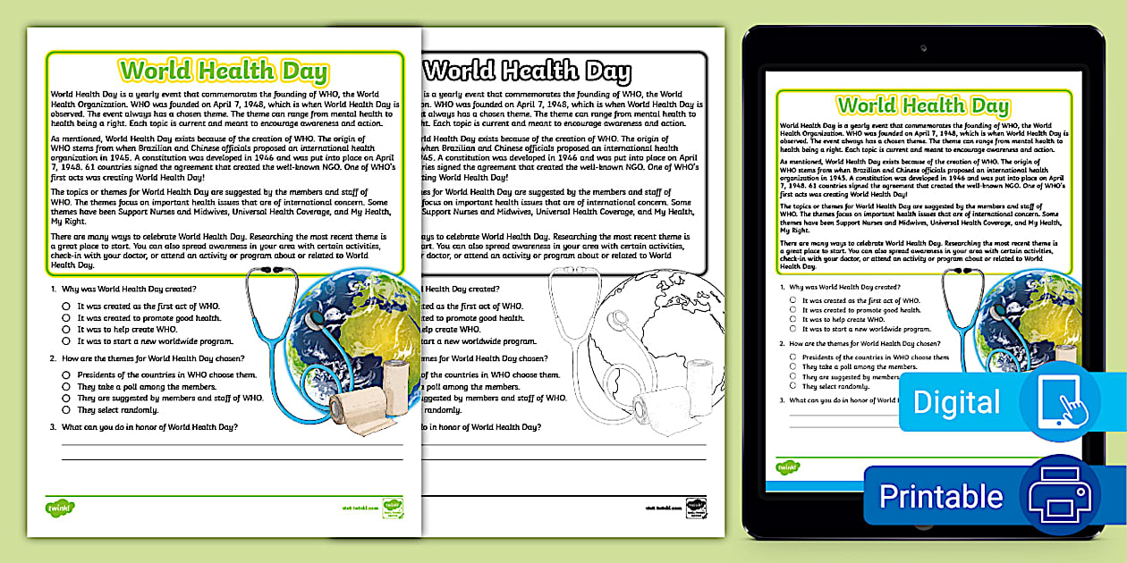 Fifth Grade World Health Day Reading Passage Worksheet