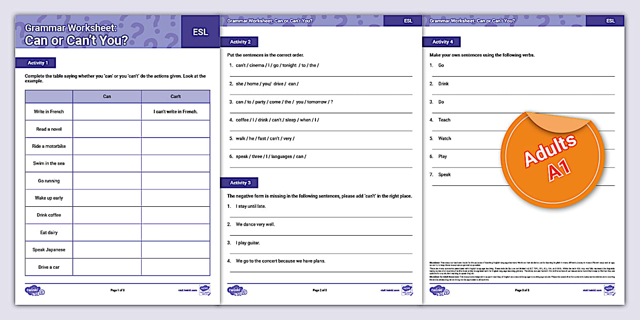 ESL Can or Can't You? Worksheet [Adults, A1] - Twinkl