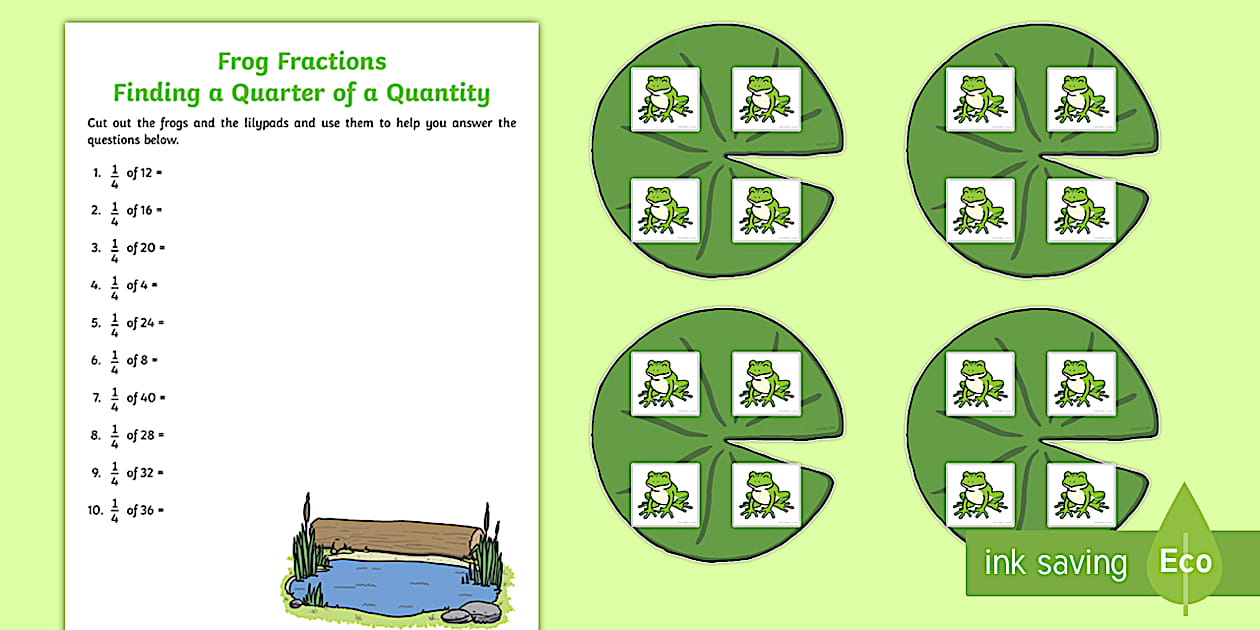 Editable Frog Fractions Finding a Quarter of a Quantity Worksheet