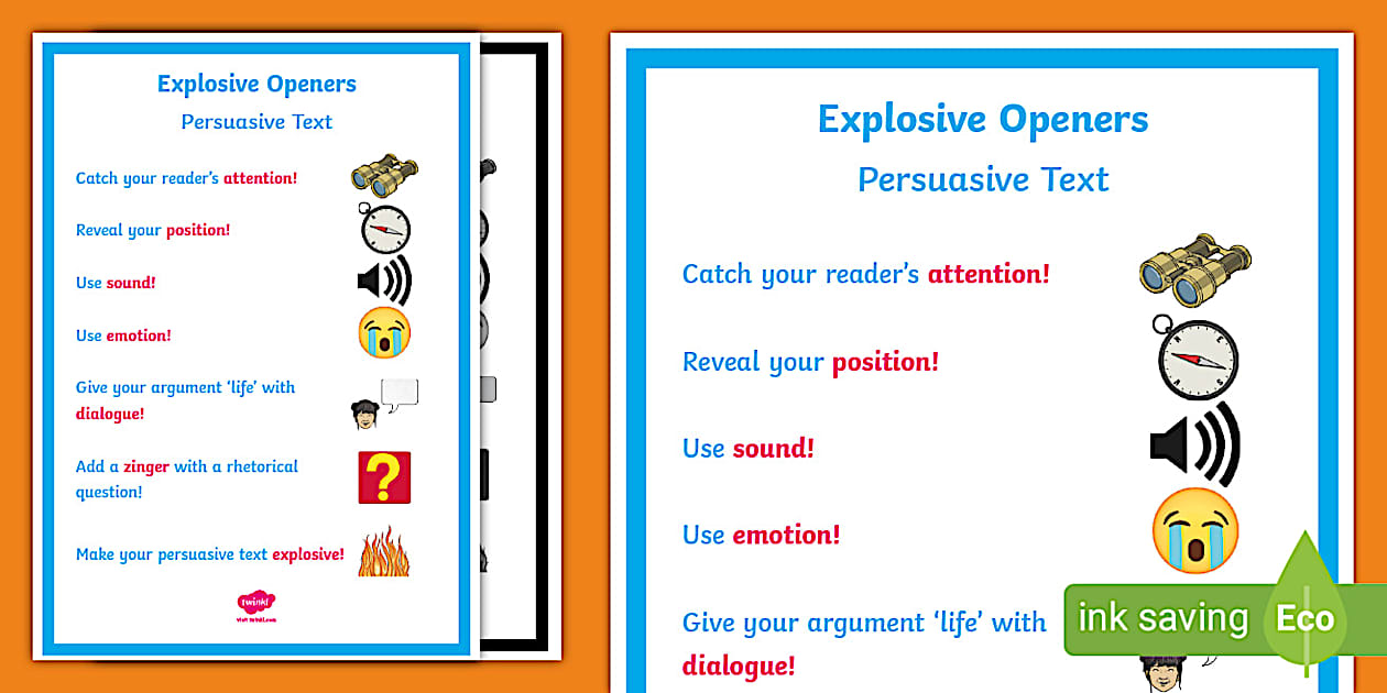 Black and White Explosive Openers Persuasive Texts A4 Display Poster