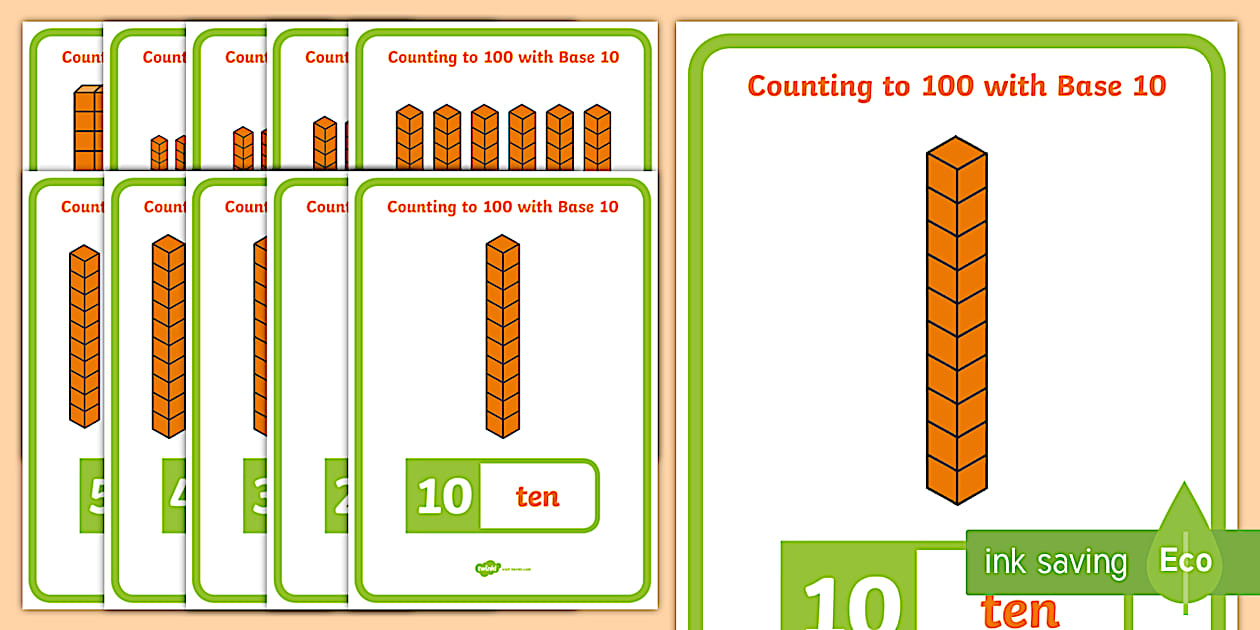 Cursive Counting in 10s with Base 10 Blocks Display Posters