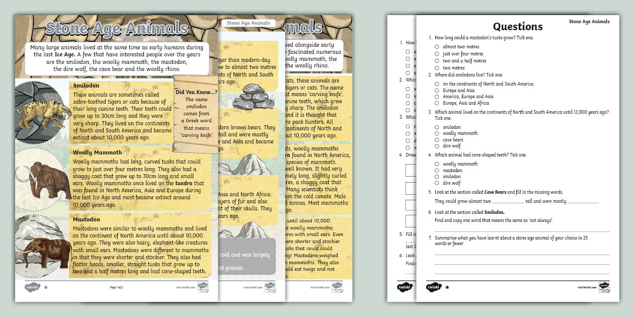 LKS2 Stone Age Animals Differentiated Comprehension Activity