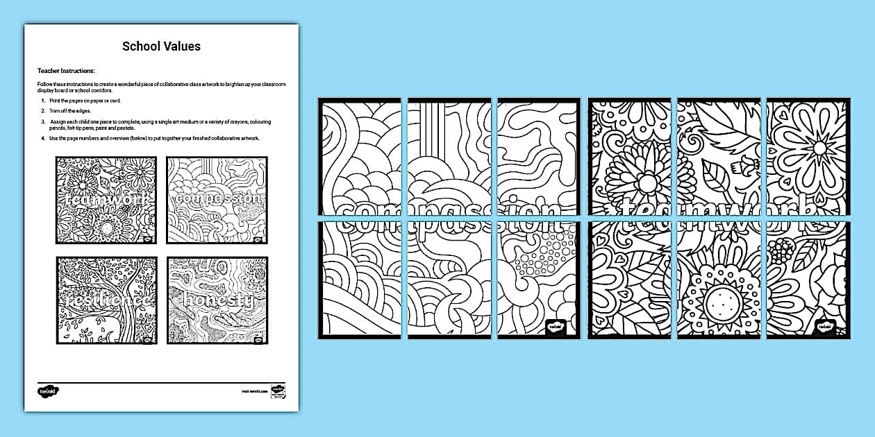 School Values Mindfulness Collaborative Colouring - Twinkl