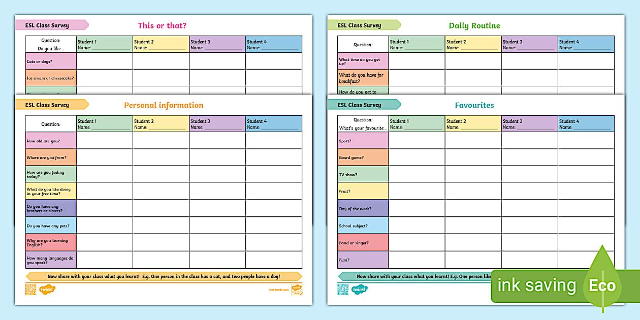 ESL First Day Class Surveys (teacher made) - Twinkl
