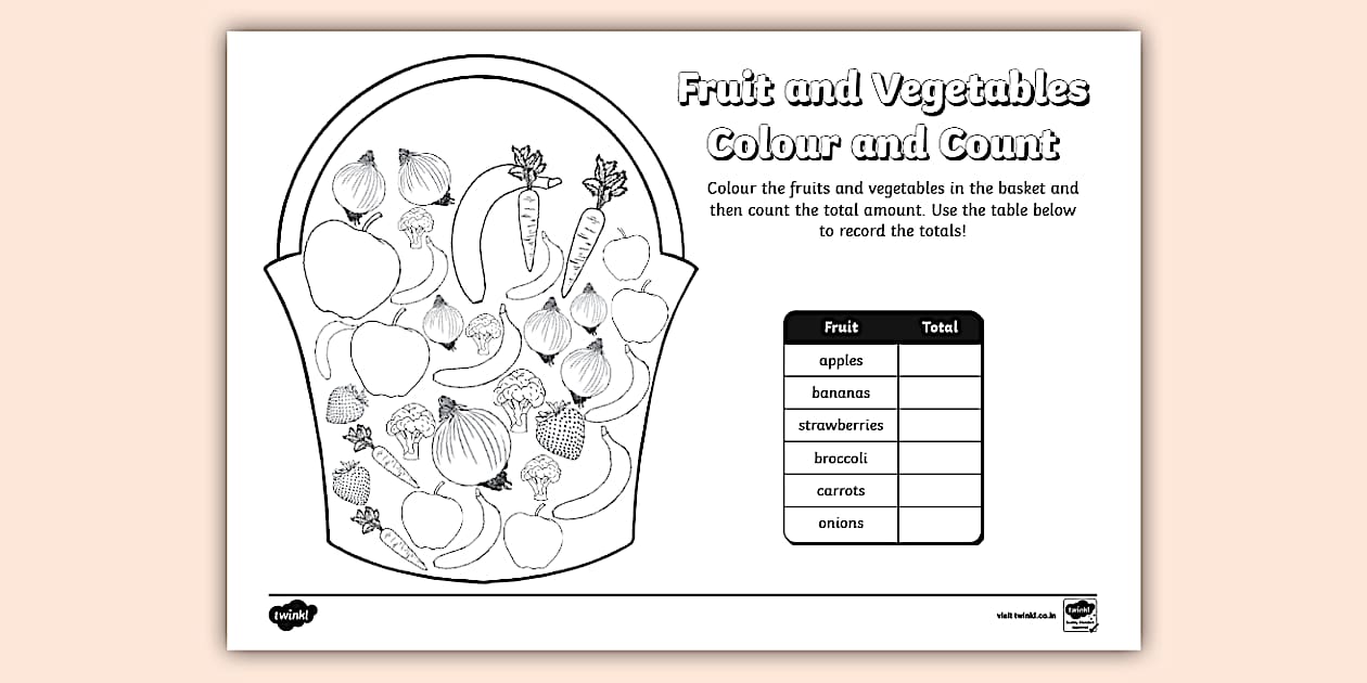 Fruits and Vegetables Colour and Count Worksheet - Twinkl