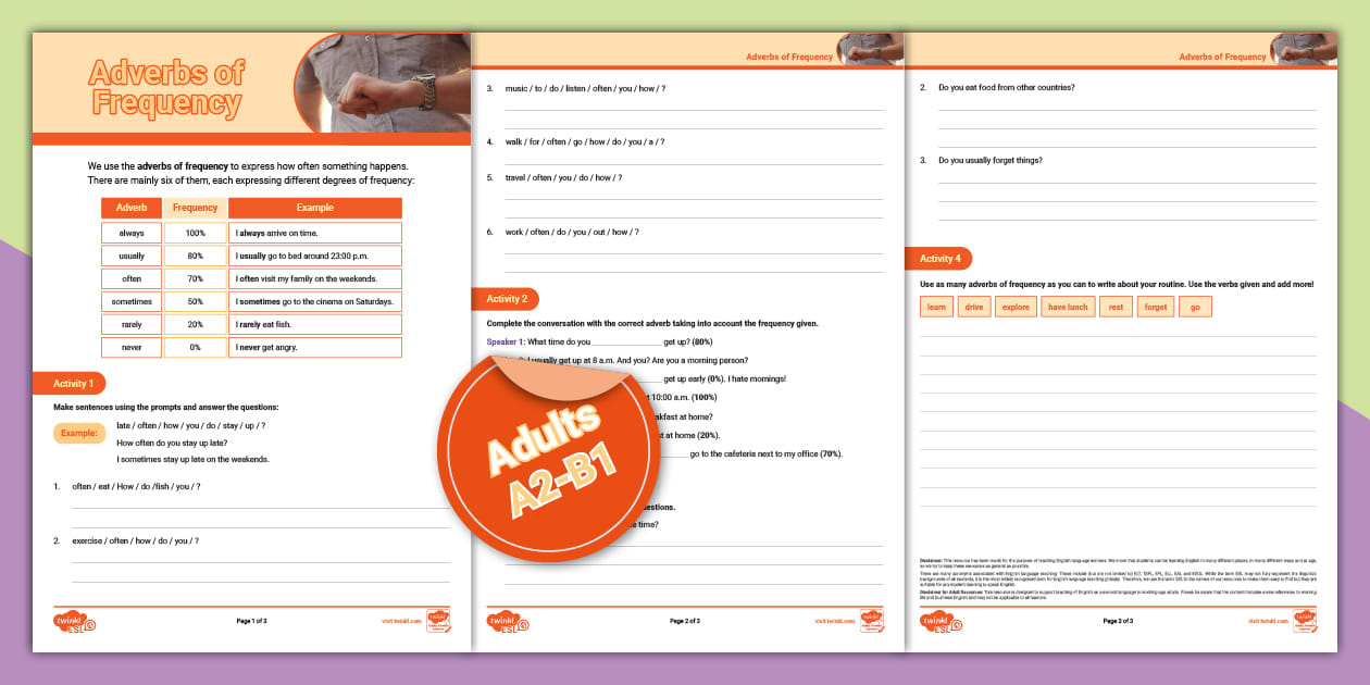 ESL Adverbs of Frequency Worksheet [Adults, A2-B1] - Twinkl