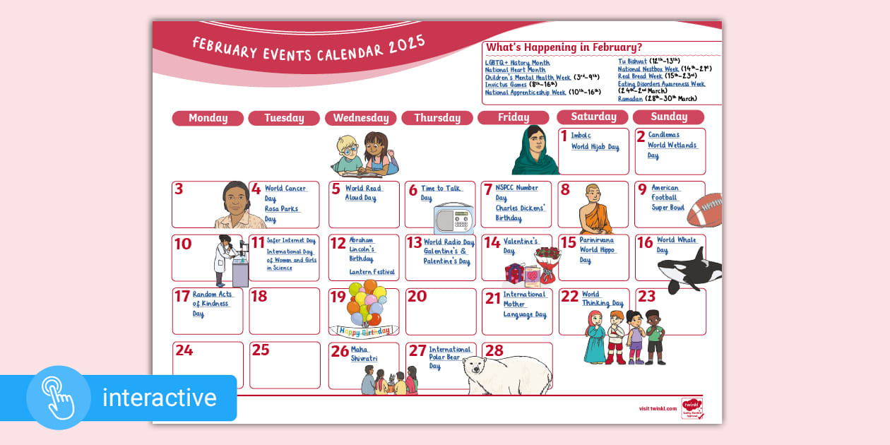 February Events Calendar (2025) (teacher made) - Twinkl