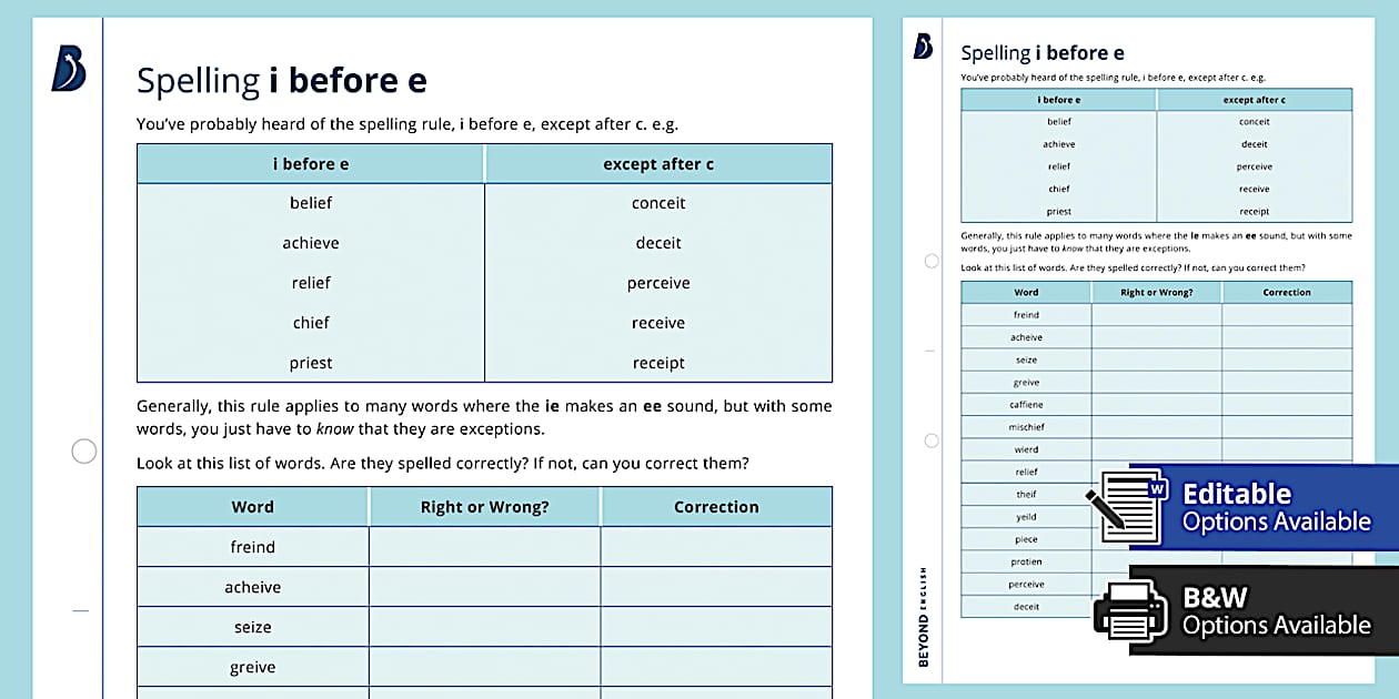 I Before E | KS3 SPaG Material | Beyond English Resources