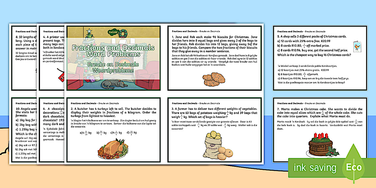 Fractions and Decimals Word Problems Christmas Maths Challenge Cards