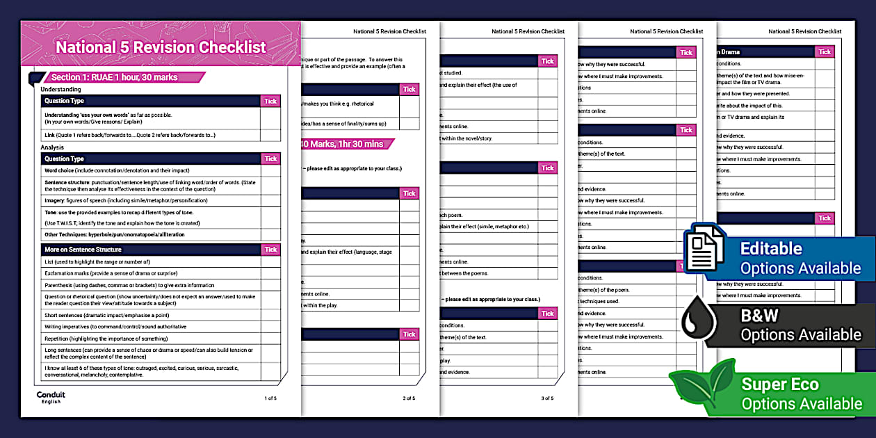 National 5 English Revision Checklist (teacher made)