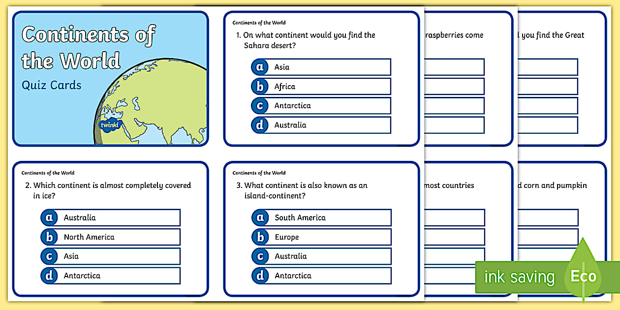 Editable Geography Quiz Cards on the Continents of the World