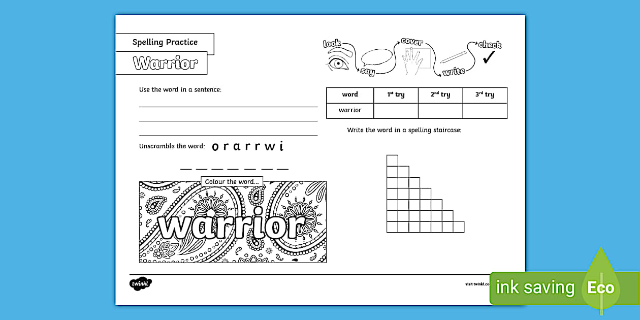 Warrior Spelling Practice Worksheet (teacher made) - Twinkl