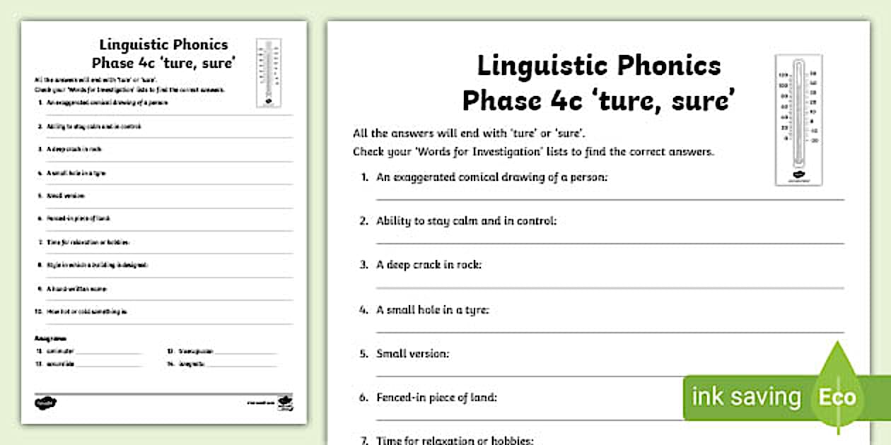 Linguistic Phonics Phase 4c 'ture, sure' Word Worksheet