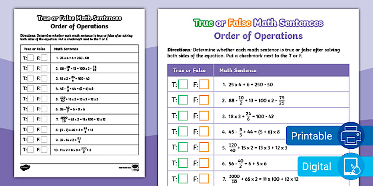 True or False Math Sentences Worksheet | Four Operations