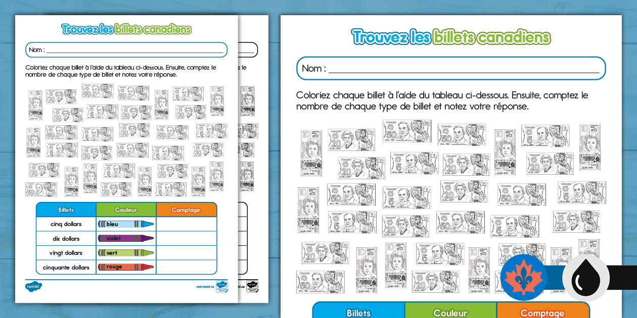 Find the Canadian Bills Worksheet French