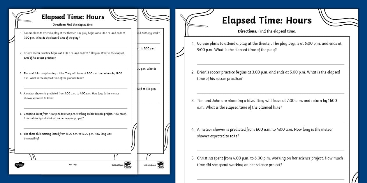 Third Grade Real-World Elapsed Time: Hours Worksheet