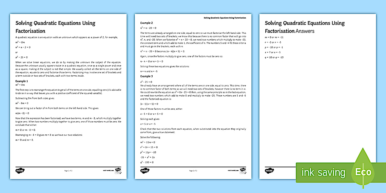 Solving Quadratic Equations By Factorising Worksheet
