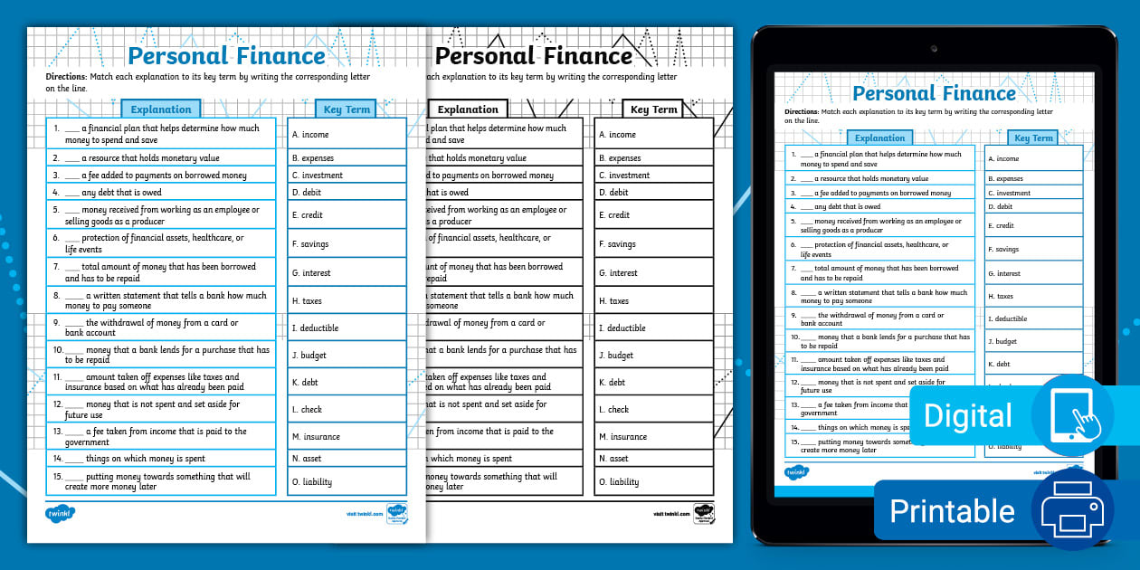 Personal Finance Matching Worksheet for 6th-8th Grade