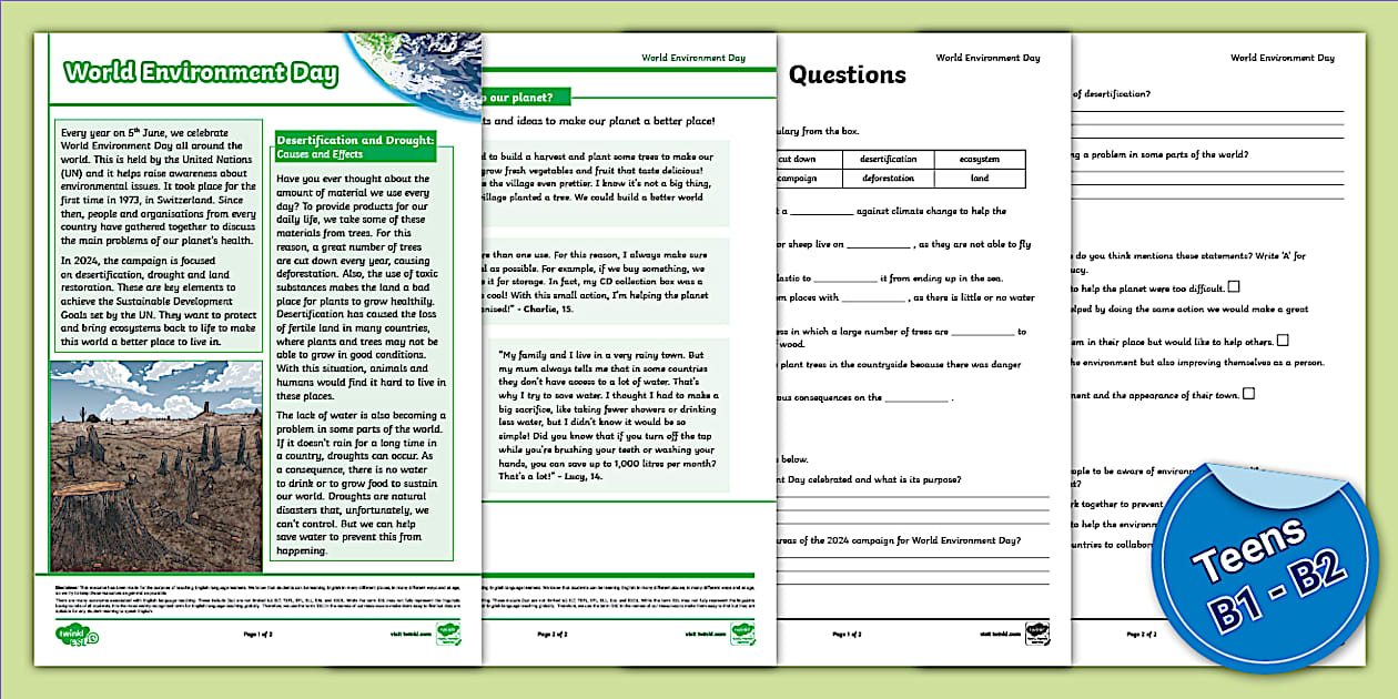 ESL World Environment Day Reading Comprehension - Twinkl