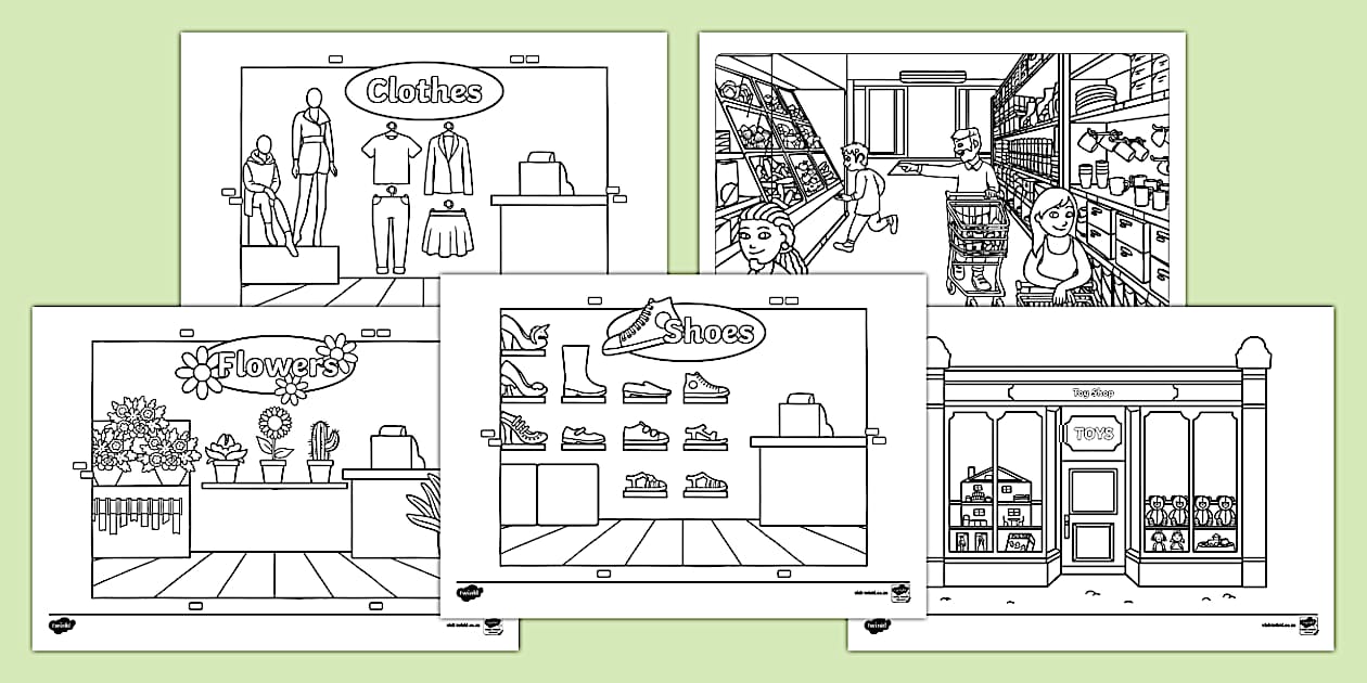 Types of Shops Colouring Pages (teacher made) - Twinkl